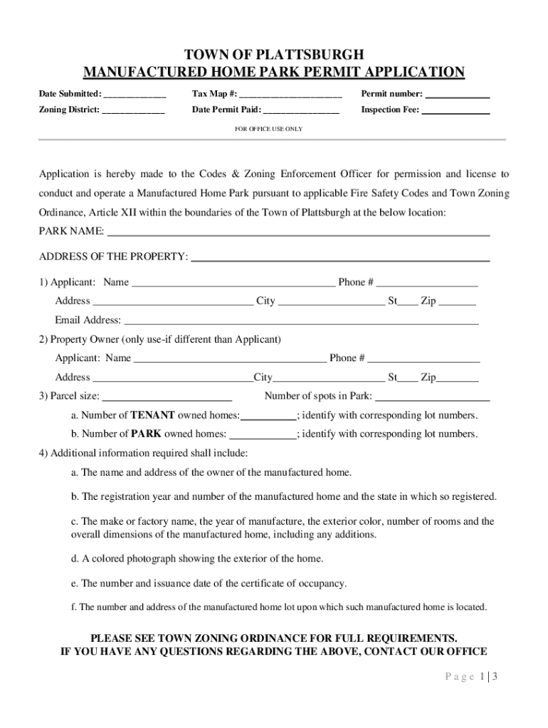 Fillable Online TOWN OF PLATTSBURGH MANUFACTURED HOME PARK PERMIT APPLICATION Fax Email Print ...