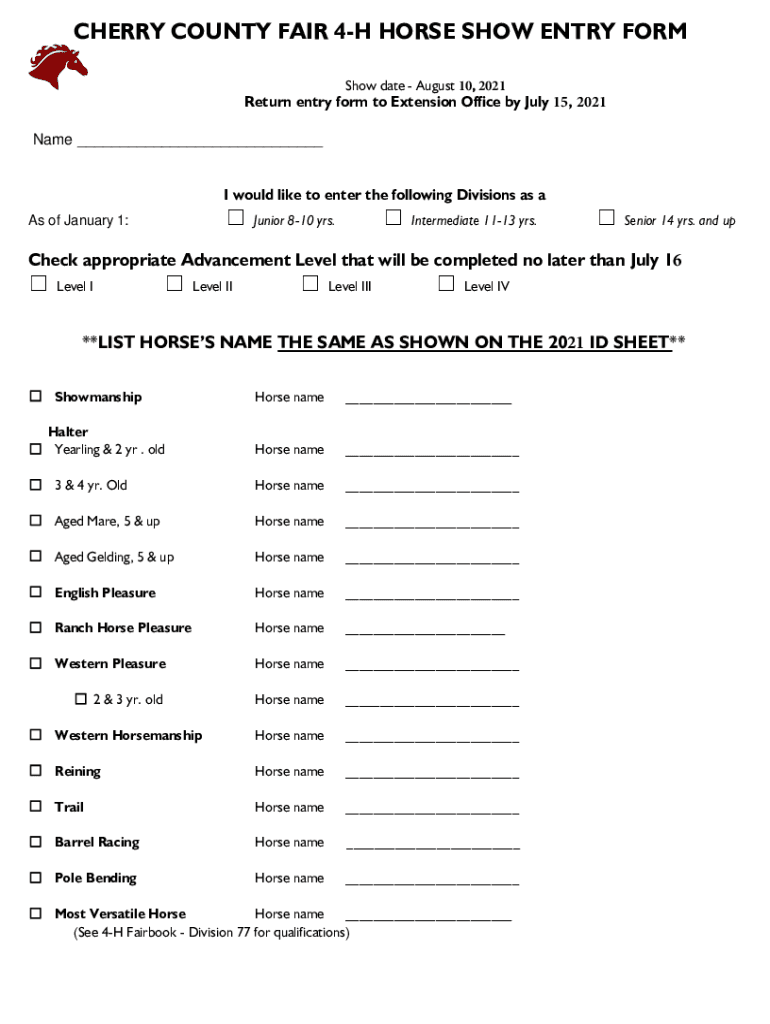 Fillable Online extension unl CHERRY COUNTY FAIR 4-H HORSE SHOW ENTRY ...