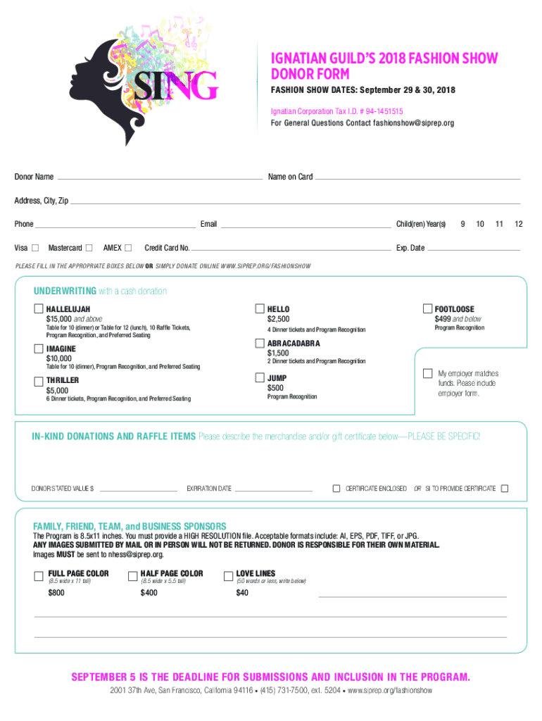 Fillable Online IGNATIAN GUILDS 2018 FASHION SHOW DONOR FORM - St. Ignatius College ... Fax ...