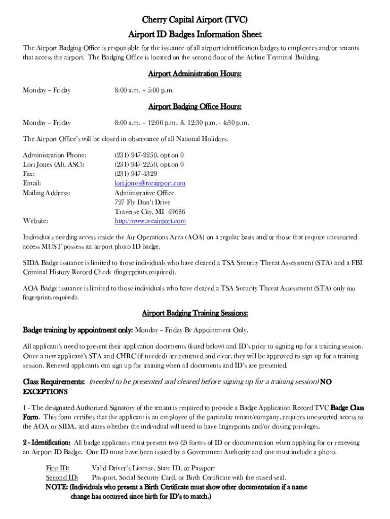 Fillable Online tvcairport.comwp-contentuploadsCherry Capital Airport (TVC) Airport ID Badges ...