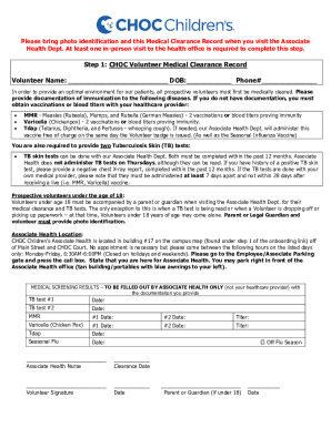 Fillable Online Step 1: CHOC Volunteer Medical Clearance Record ...