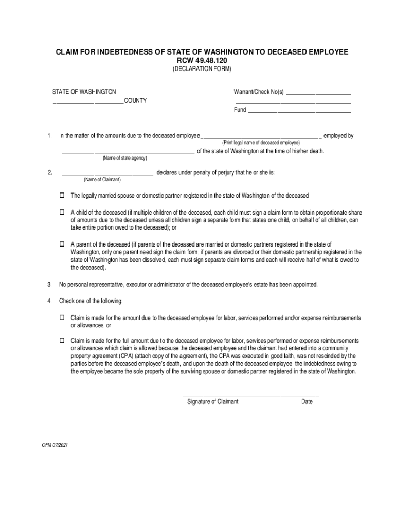 Fillable Online ofm wa www.pdffiller.com23729270-Claim-forFillable ...