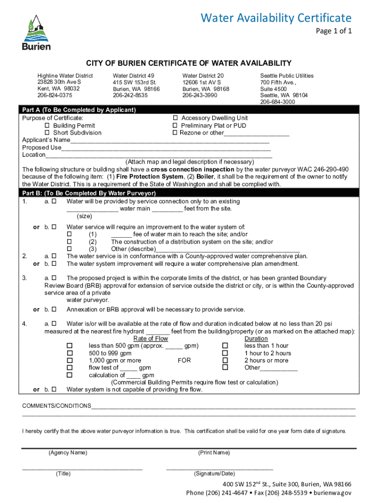 Fillable Online Water Availability Certificate Fax Email Print - pdfFiller