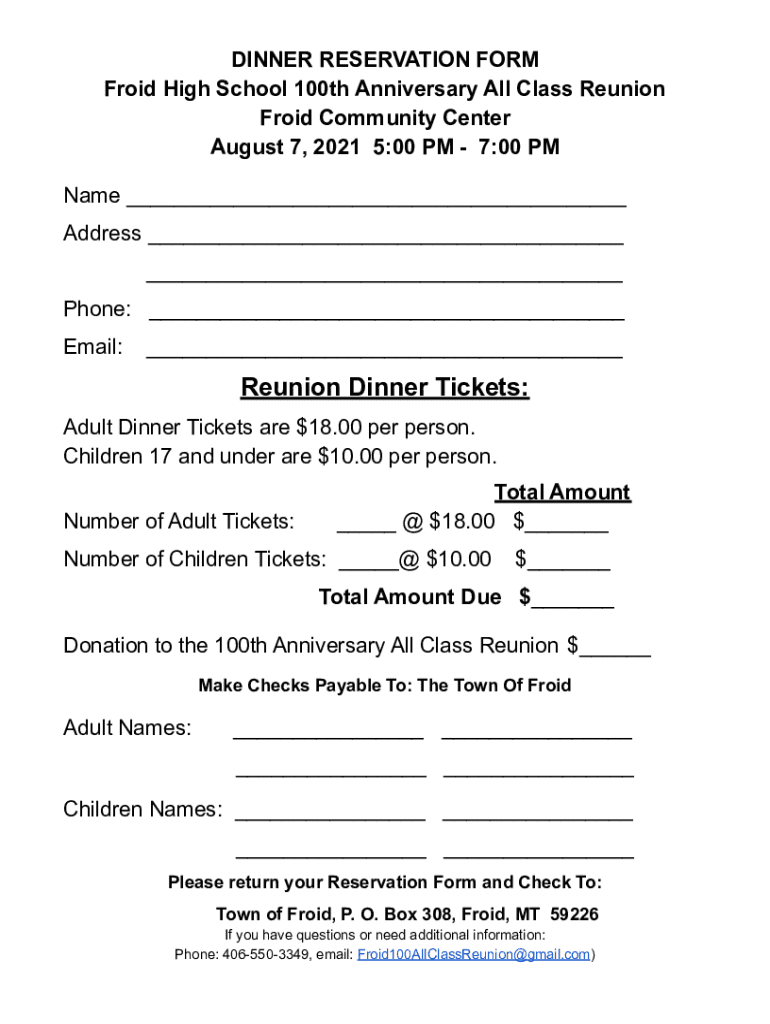 Fillable Online REUNION DINNER RESERVATION FORM Fax Email Print - pdfFiller