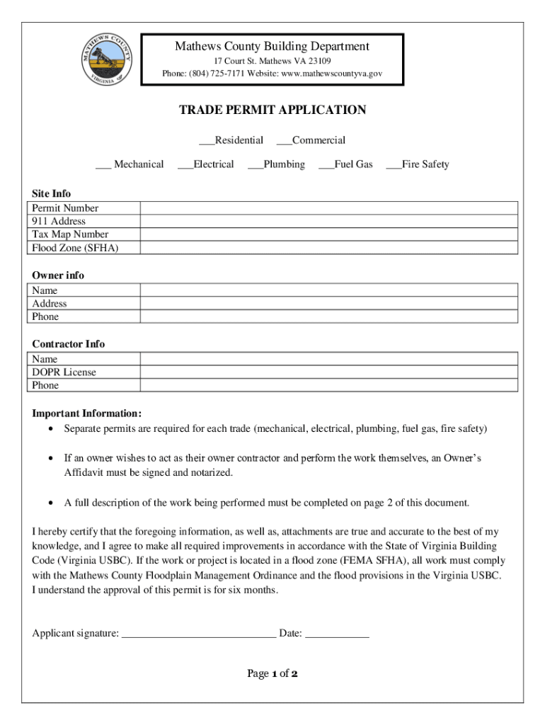 Fillable Online TRADE PERMIT APPLICATION Mathews County Building ...