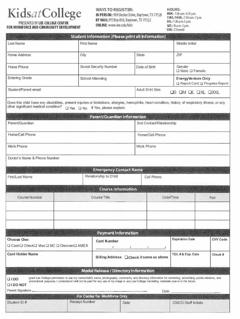 Fillable Online Kids at College Registration Form. Workforce Fax Email ...