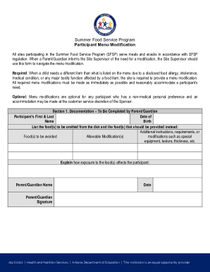 Fillable Online SFSP Participant Menu Modification Form - Arizona ...