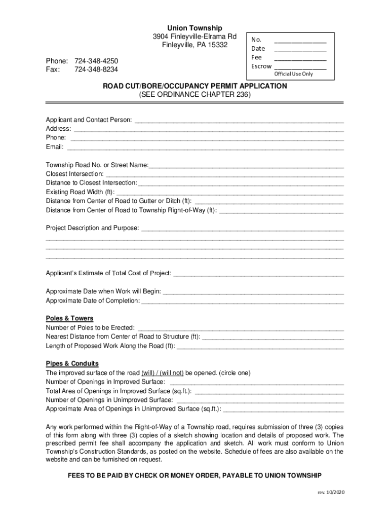 Fillable Online APPLICATION FOR UNION TOWNSHIP ROAD OCCUPANCY PERMIT ...