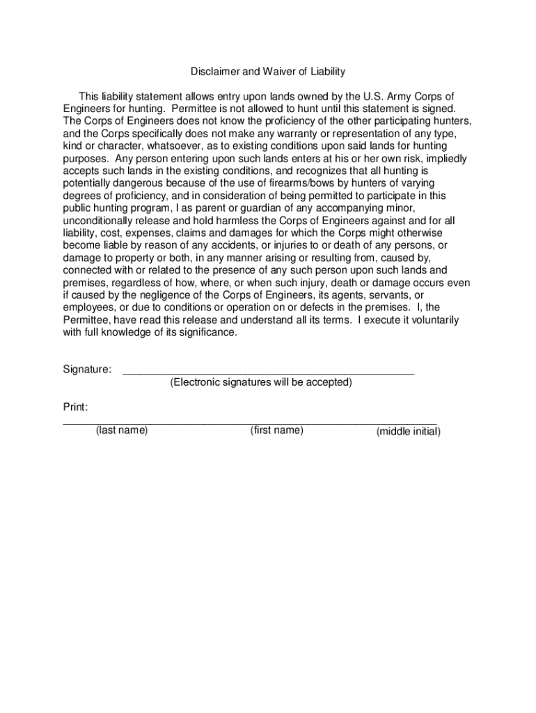 Fillable Online DISCLAIMER AND WAIVER OF LIABILITY - United States Army ...