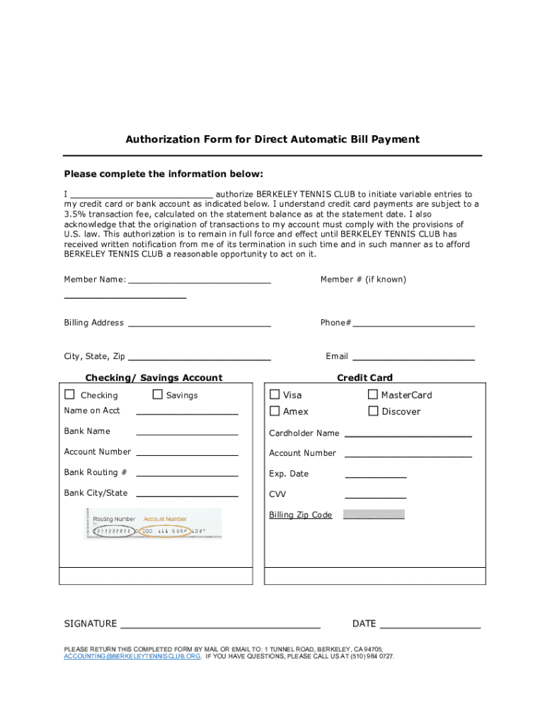 Fillable Online Authorization Form for Direct Automatic Bill Payment ...