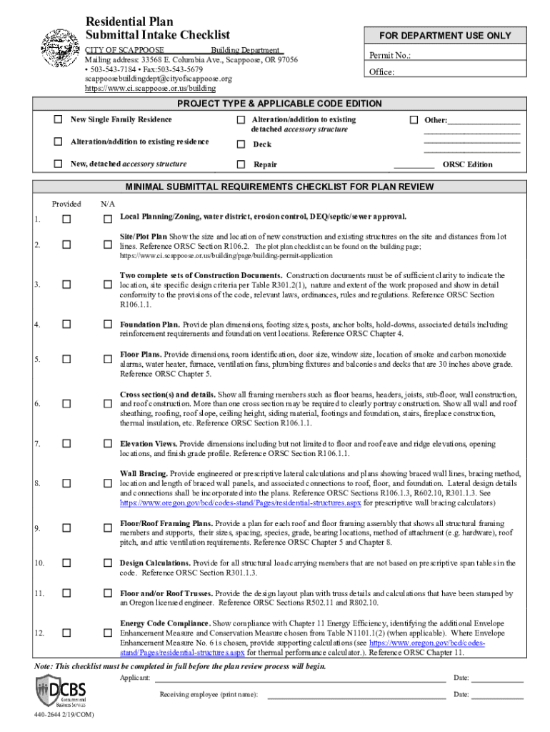 Fillable Online Residential Plan Submittal Intake Checklist FOR DEPARTMENT USE ONLY ... Fax ...
