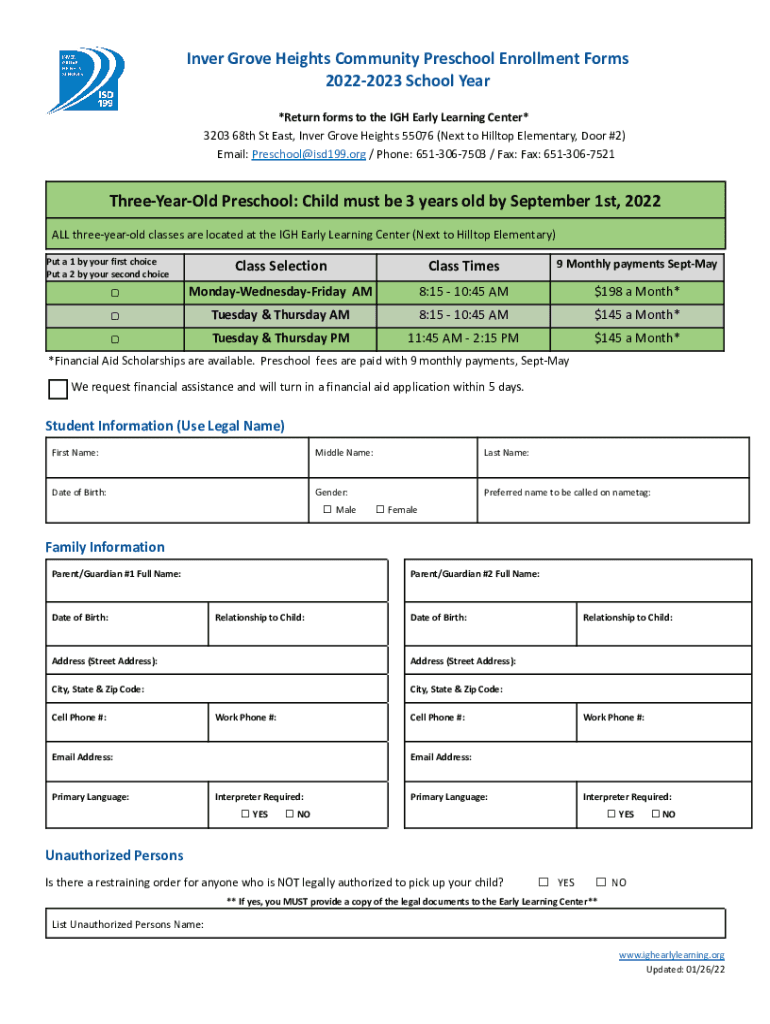 Fillable Online www.isd199.orgschoolsearly-learningRegistration & Forms ...