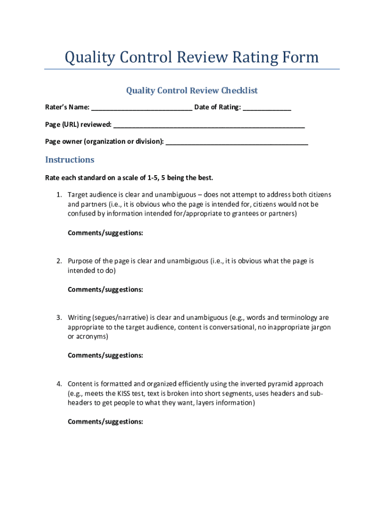 Fillable Online Quality Control Review Rating Form Fax Email Print ...