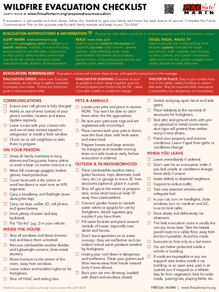 Fillable Online WILDFIRE EVACUATION CHECKLIST - FIRESafe MARINGo ...