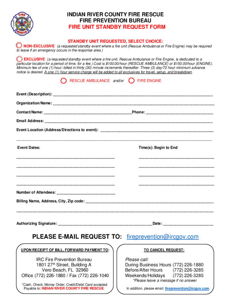 Fillable Online STANDBY UNIT REQUESTED, SELECT CHOICE - Indian River ...