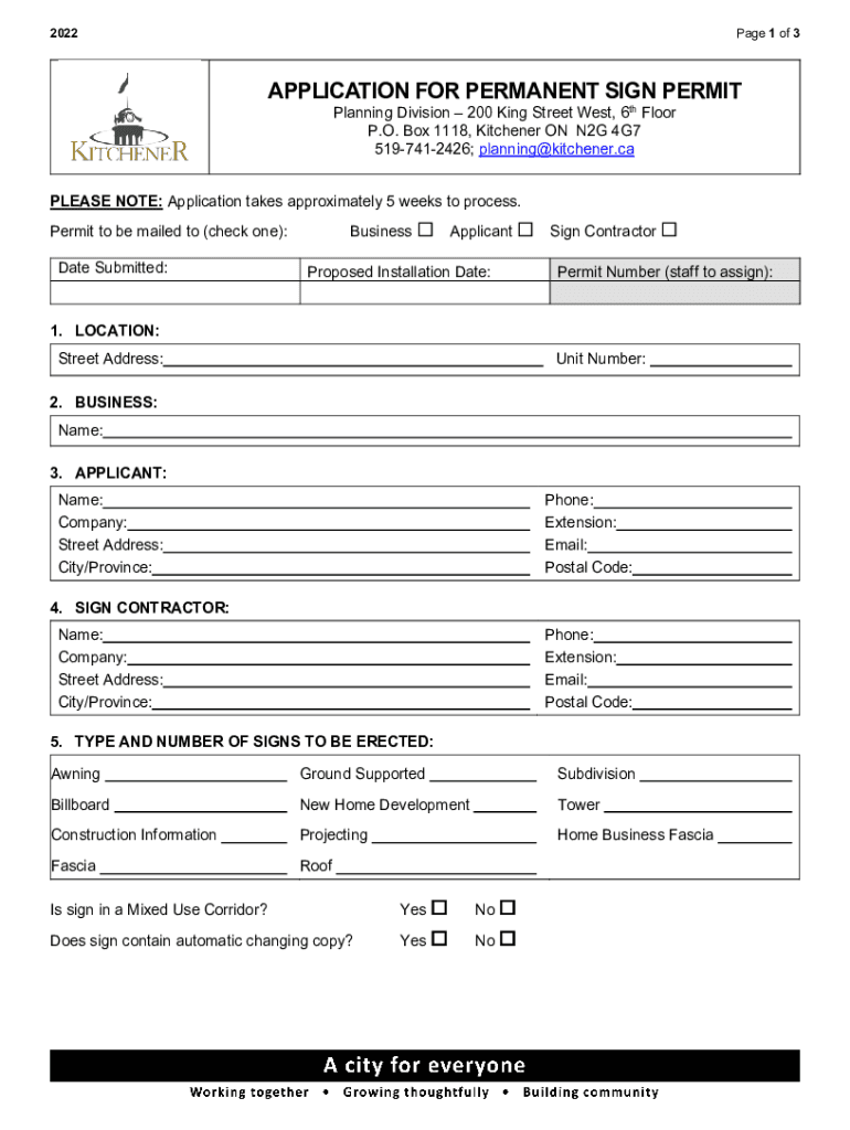 Fillable Online Application for Permanent Sign Permit - kitchener.ca ...