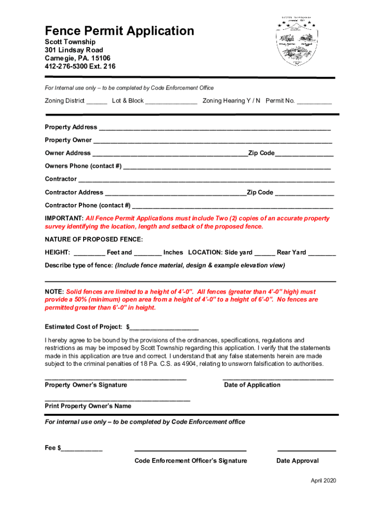 Fillable Online www.pdffiller.com400132442-Fence-PermitScott Township Code Enforcement - Fill ...