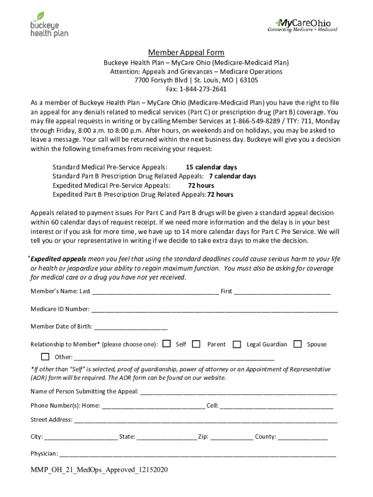 Fillable Online Member Appeal Form. Appeal Form OH MMP Fax Email Print ...