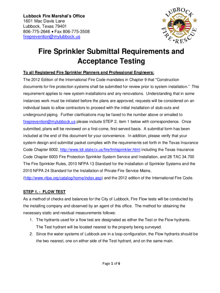 Fillable Online Fire Sprinkler Submittal Requirements and Acceptance ...