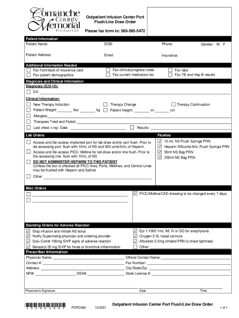 Fillable Online Outpatient Infusion Center Port Flush/Line Draw Order ...