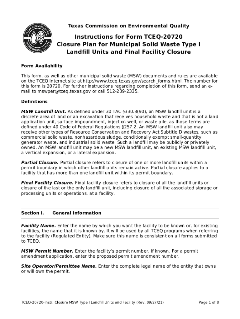 Instructions for TCEQ-20720 Closure Plan for Municipal Solid Waste ...