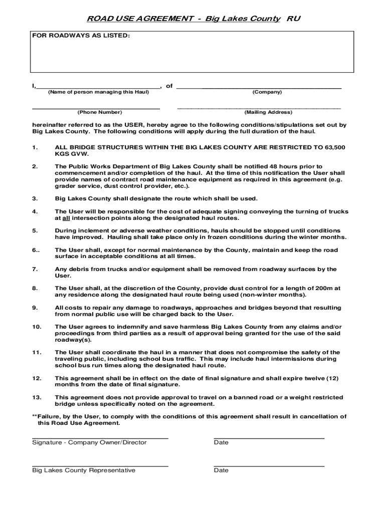 Fillable Online ROAD USE AGREEMENT. ROAD USE AGREEMENT STANDARD FORM ...