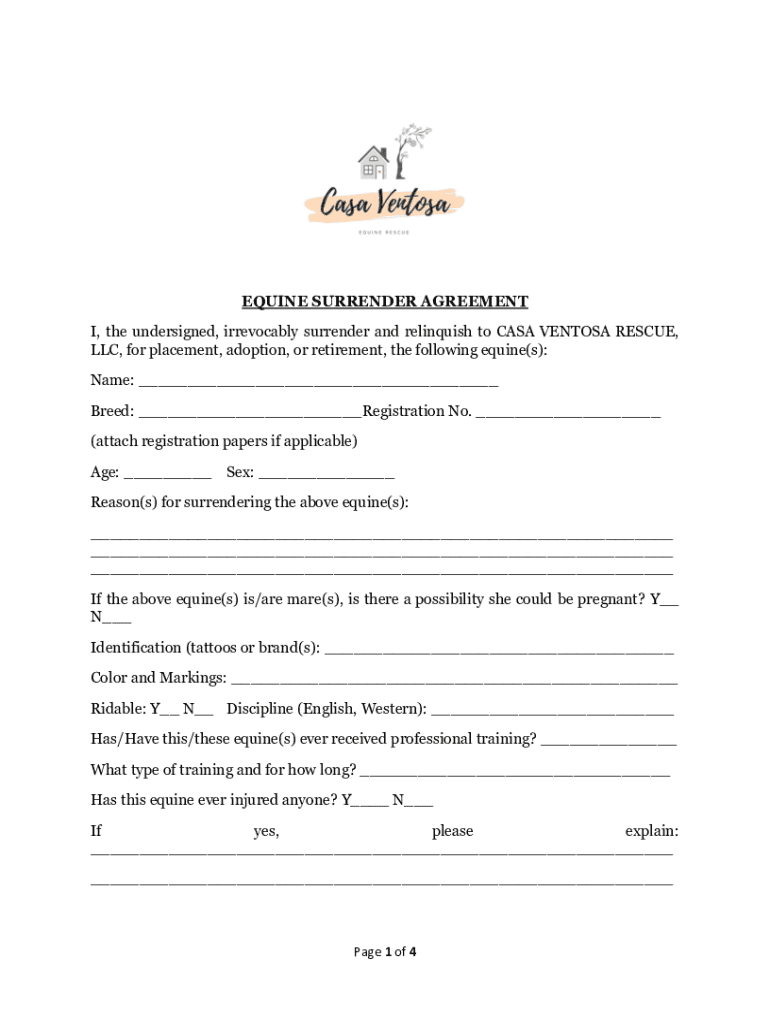 Fillable Online EQUINE SURRENDER AGREEMENT - casaventosarescue.org Fax ...