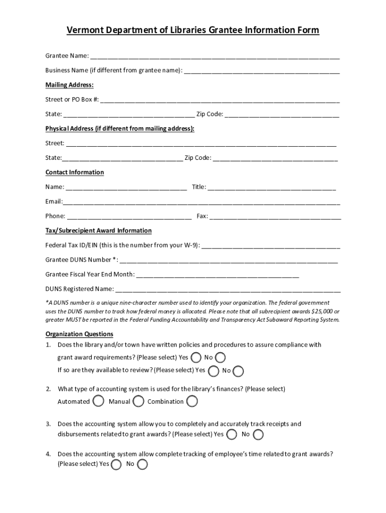 Fillable Online libraries vermont Vermont Department of Libraries Grantee Information Form Fax ...