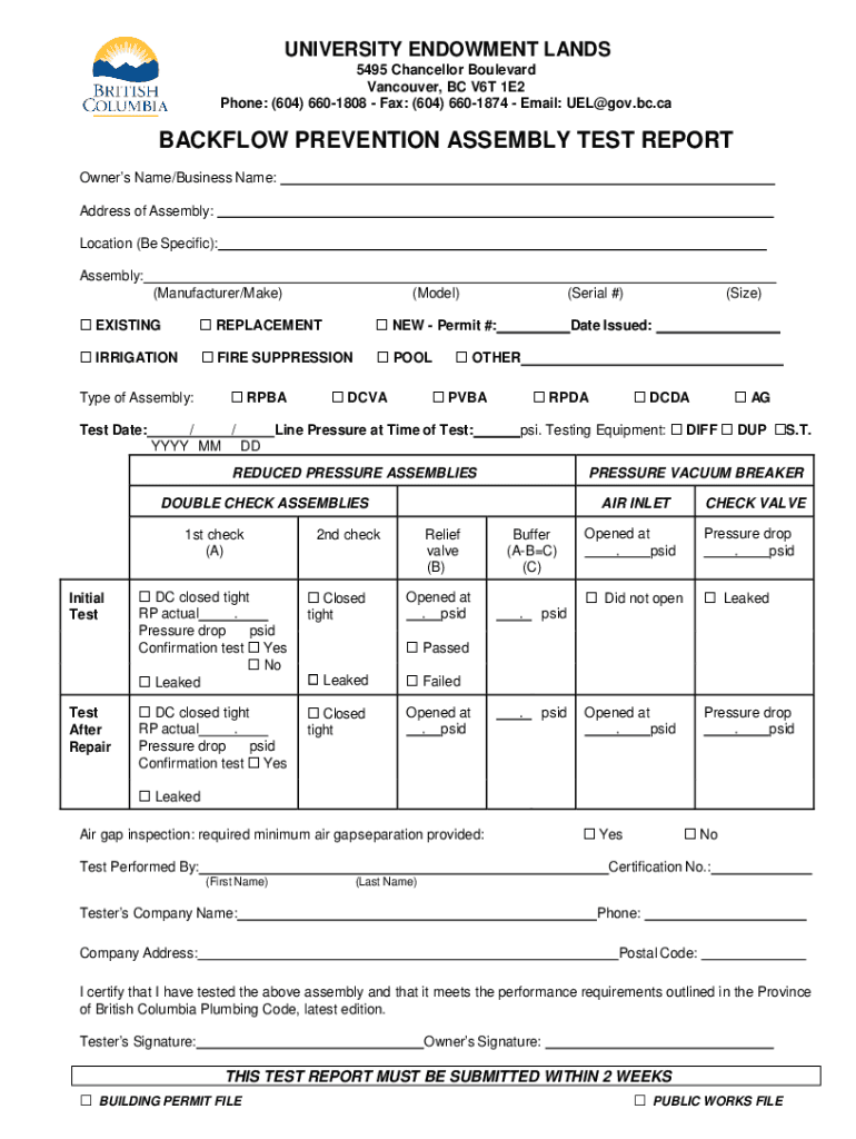 Fillable Online Backflow Prevention Test Report. Backflow Prevention ...