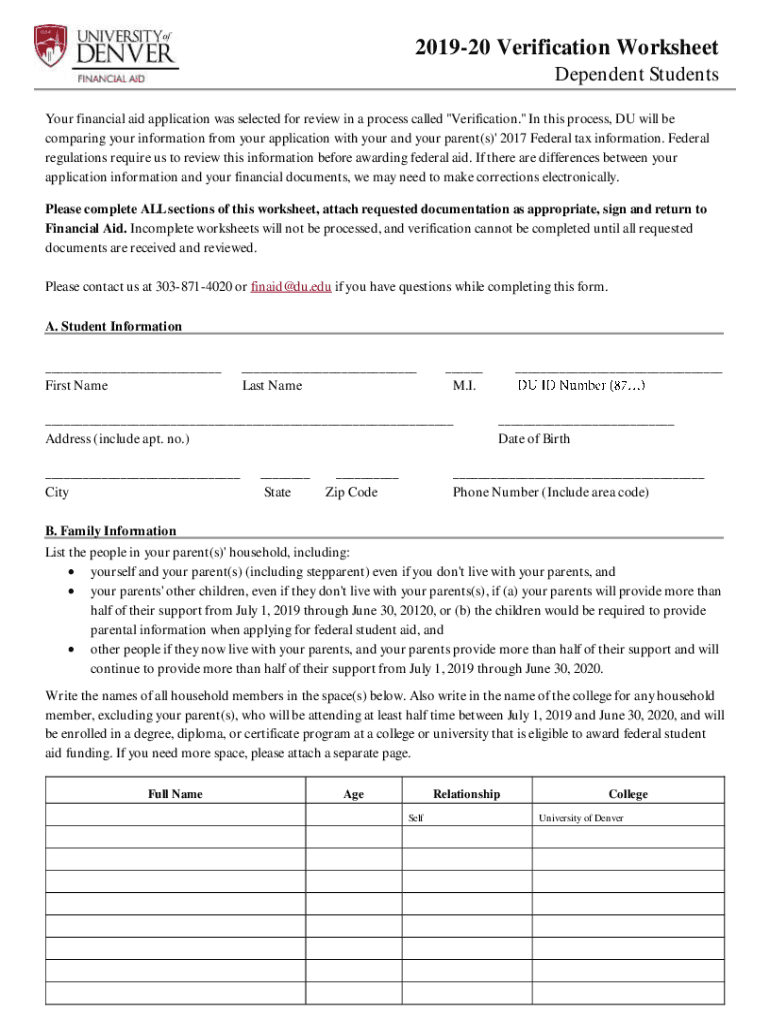Fillable Online V4 Custom Financial Aid 2019-20 Verification Worksheet ...