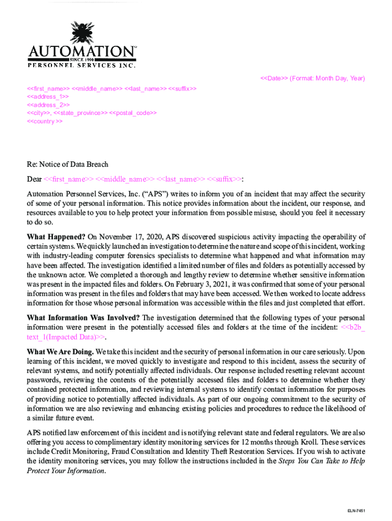 Fillable Online oag ca APS - CA - Notice of Data Event Fax Email Print ...