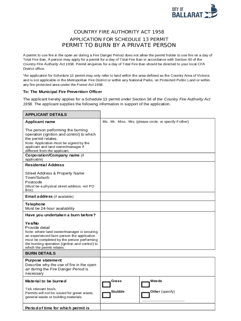 Fire Danger Period PermitsCFA (Country Fire Authority) Doc Template ...