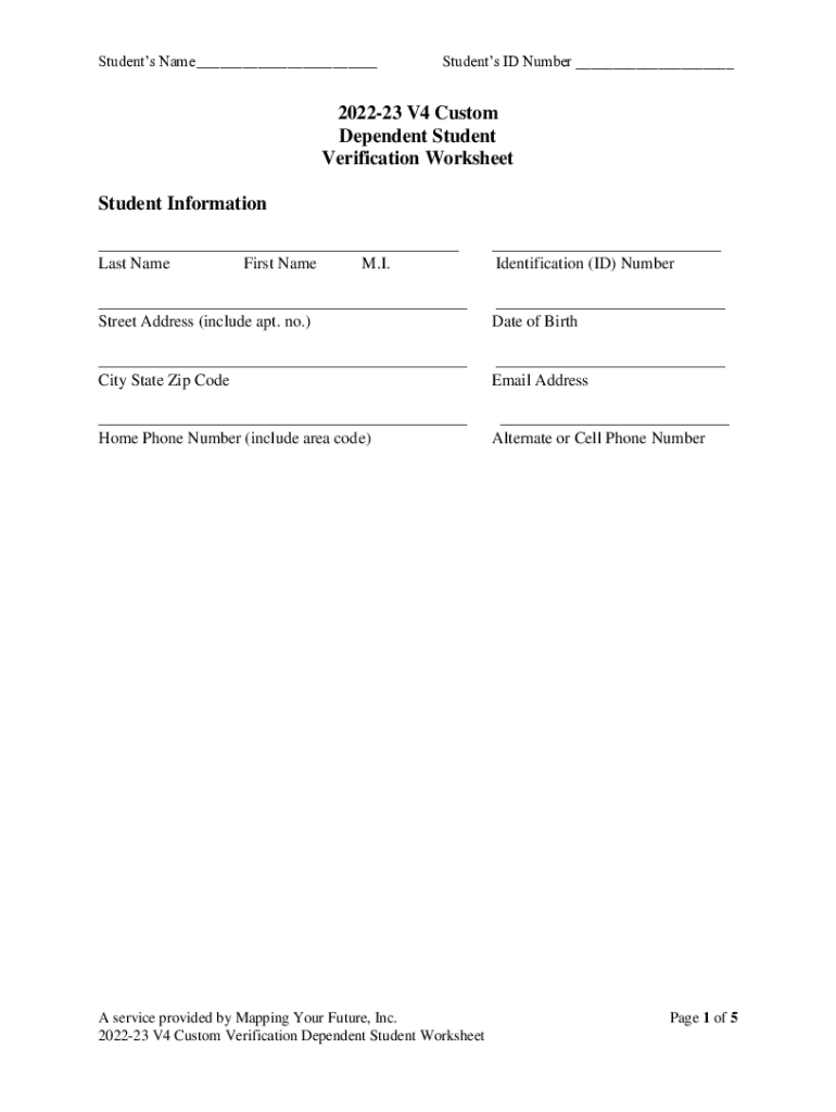 Fillable Online 2022-23 V4 Custom Dependent Student Verification Worksheet Fax Email Print ...