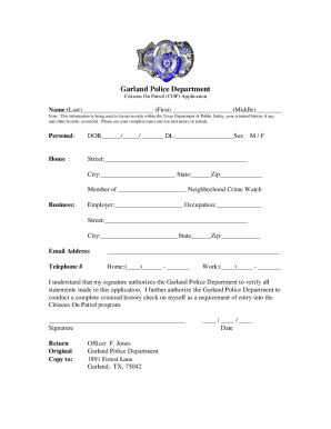 Fillable Online Garland Police Department Citizens On Patrol (COP) Fax ...