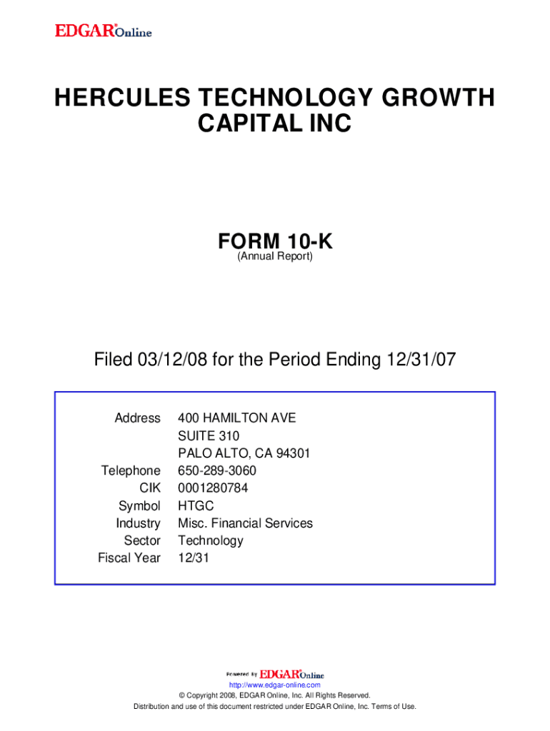Fillable Online HERCULES TECHNOLOGY GROWTH CAPITAL INC. FORM 10-K ...