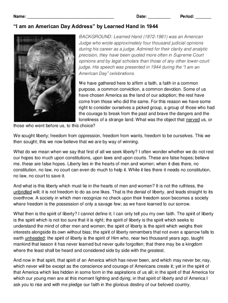 Fillable Online The Spirit of Liberty SpeechLearned Hand Fax Email ...