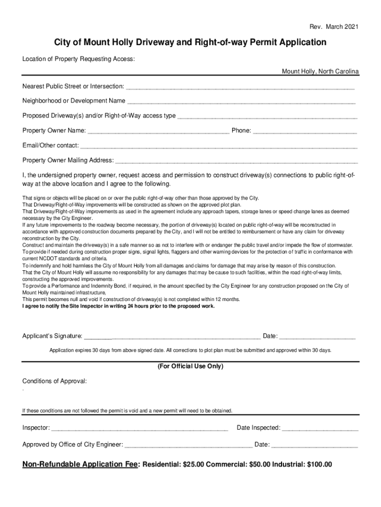 Fillable Online City of Mount Holly Driveway and Right-of-way Permit ...