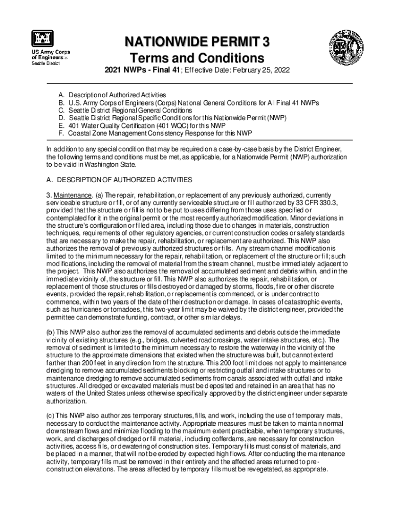 Fillable Online wsdot wa Nationwide Permit 3 terms & conditions ...
