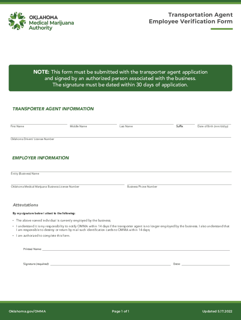 Fillable Online Transportation Agent Employee Verification Form Fax ...