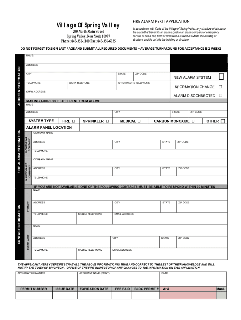 Fillable Online FIRE ALARM PERIT APPLICATION Vil l a ge Of Spr ing Va l ...