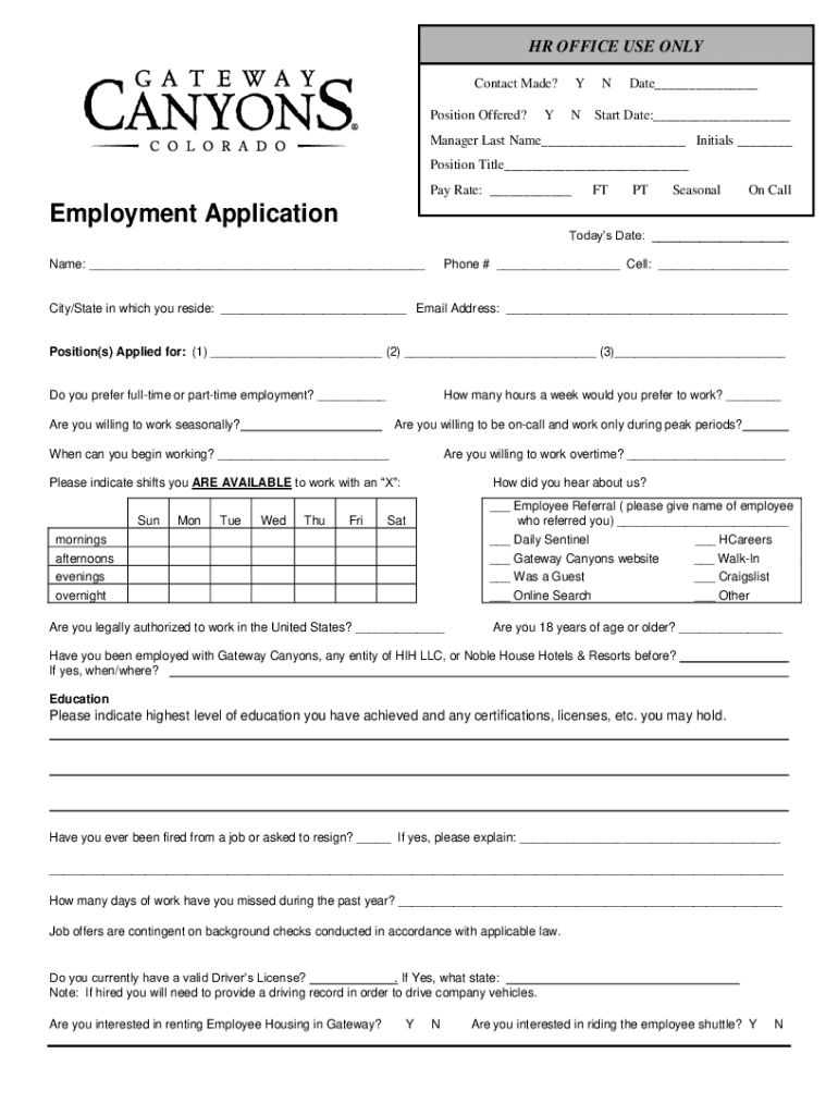 Fillable Online Gateway Canyon Resort Colorado Employment Application ...