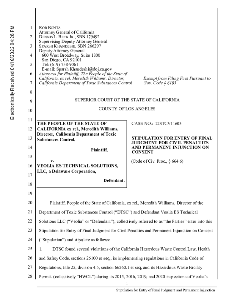Fillable Online dtsc ca Veolia - Stipulation for Entry of Final Judment ...