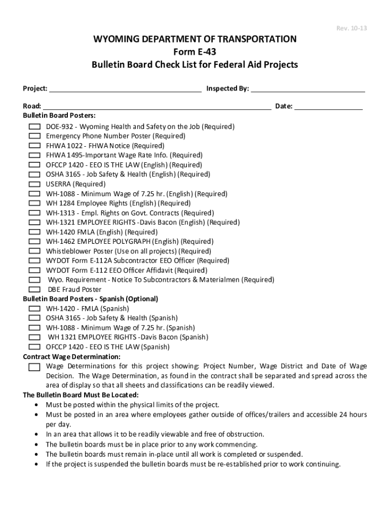 Fillable Online E-43 Bulletin Board Check List For Federal Aid Projects ...