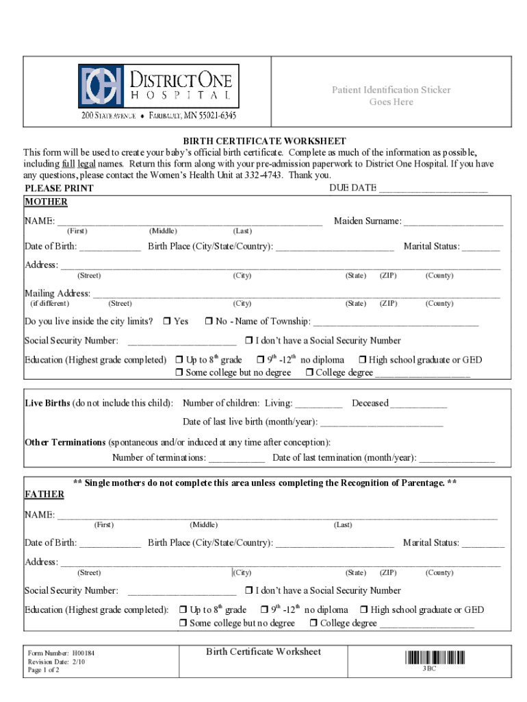 Fillable Online BIRTH CERTIFICATE WORKSHEET MOTHER Fax Email Print ...