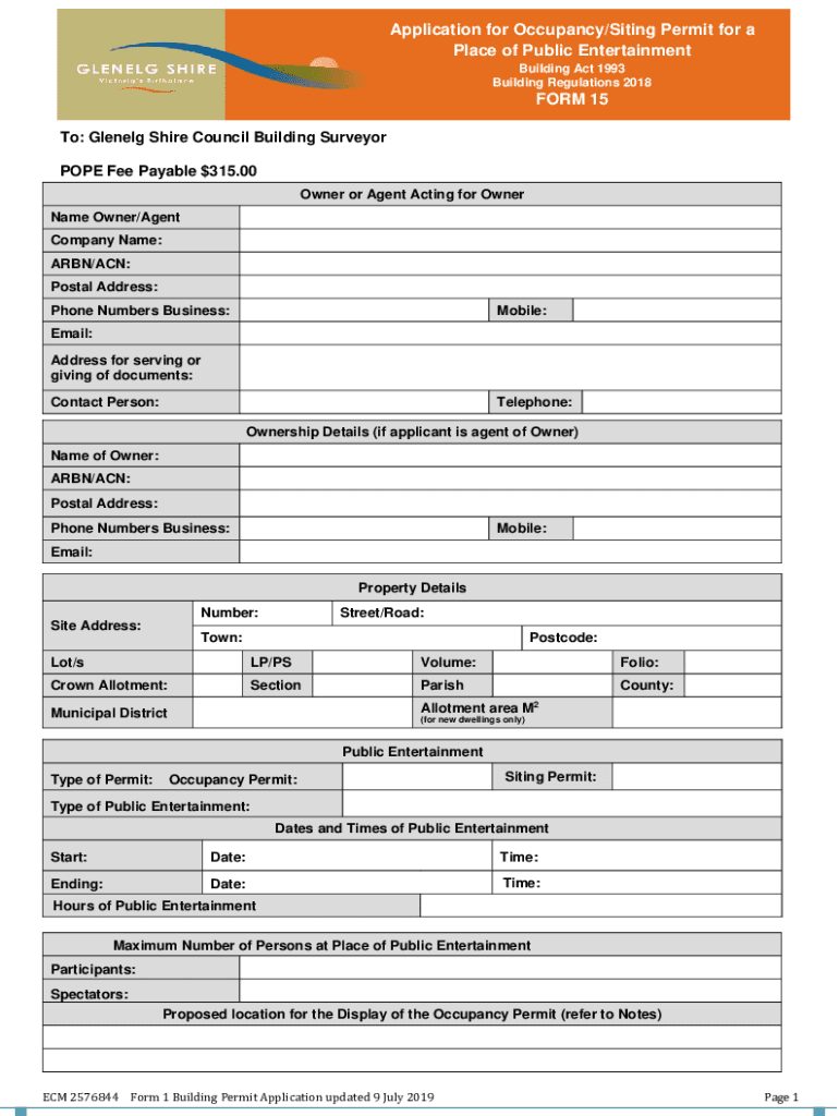 Fillable Online Application for an Occupancy PermitForm 15 (Place of ...
