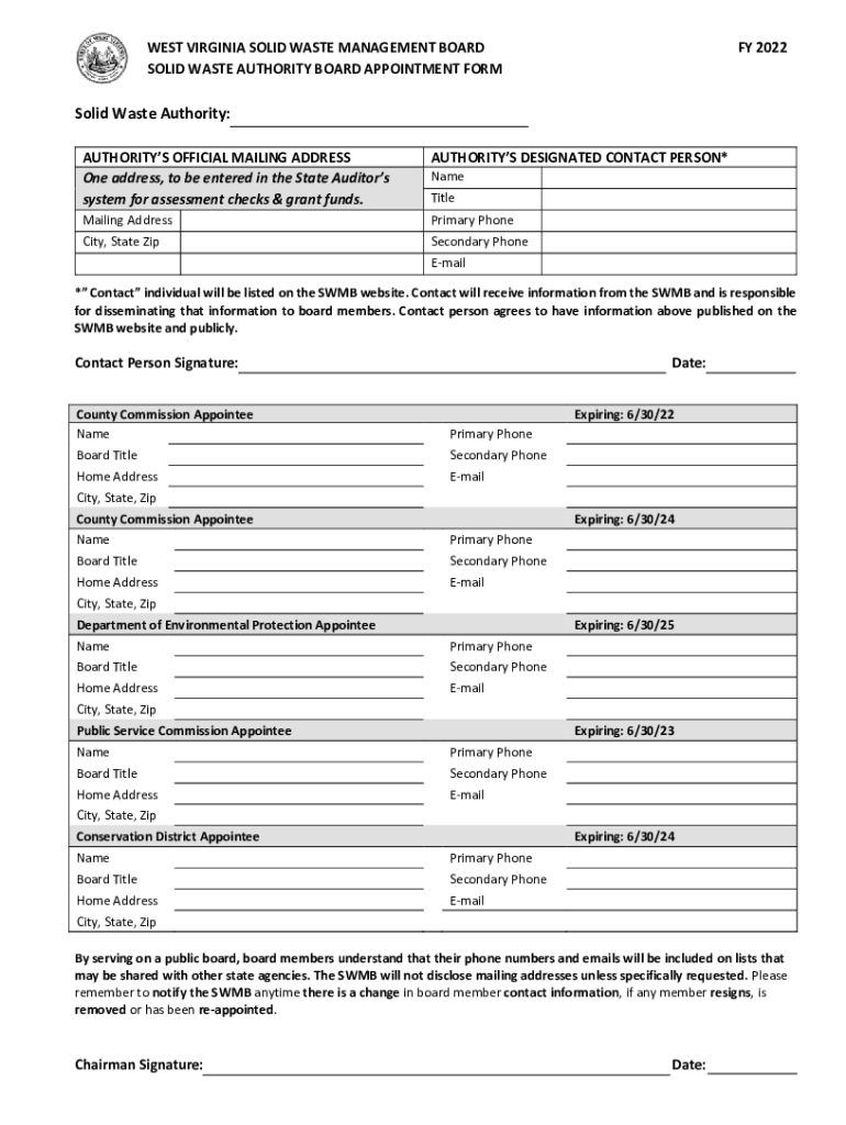 Fillable Online SWA Board Appointment Form FY 2022 Fax Email Print ...