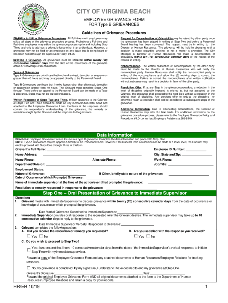 Fillable Online EMPLOYEE GRIEVANCE FORM FOR Type B GRIEVANCES ...