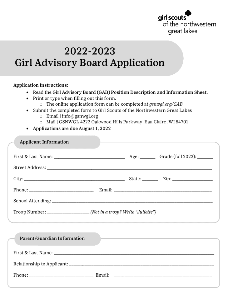 Fillable Online Girl Advisory Board Application (Writeable) Fax Email ...