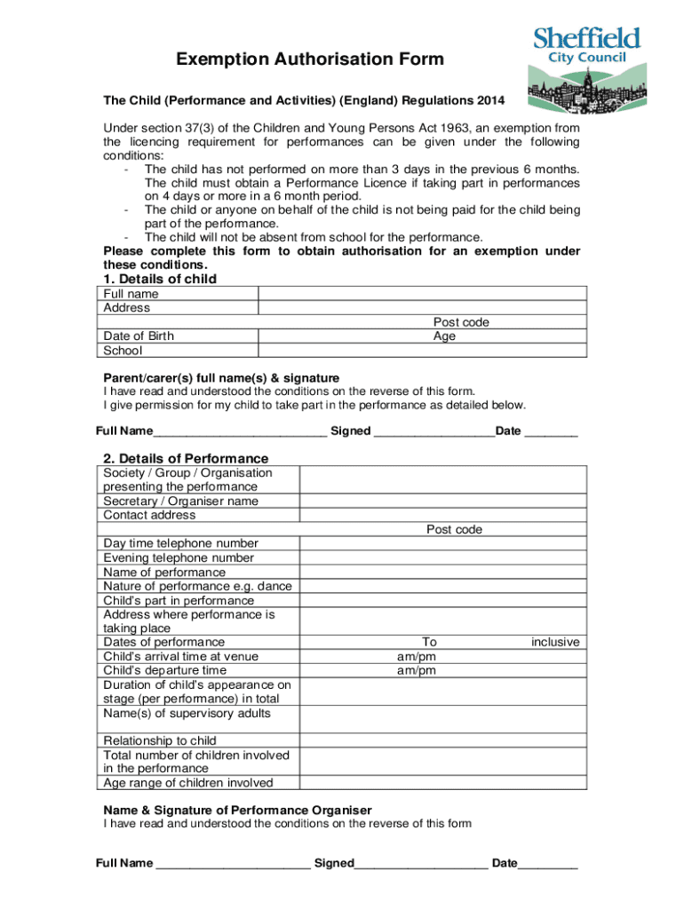 Fillable Online Exemption authorisation form. Register of a child taking part in performance and ...