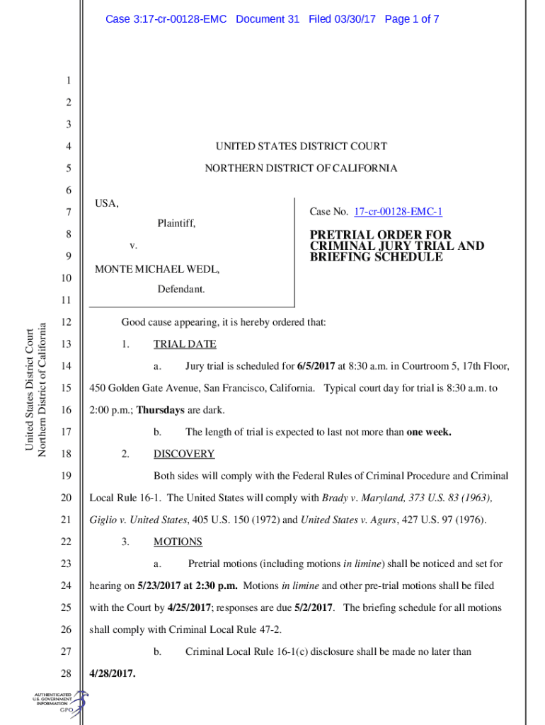 Fillable Online PRETRIAL ORDER FOR CRIMINAL JURY TRIAL AND BRIEFING ...